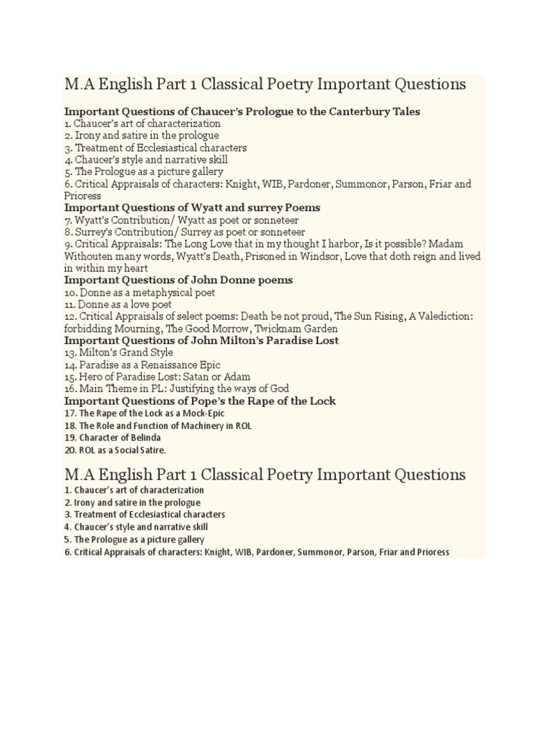 M.A English Part 1 Classical Poetry Important Questions | PDF