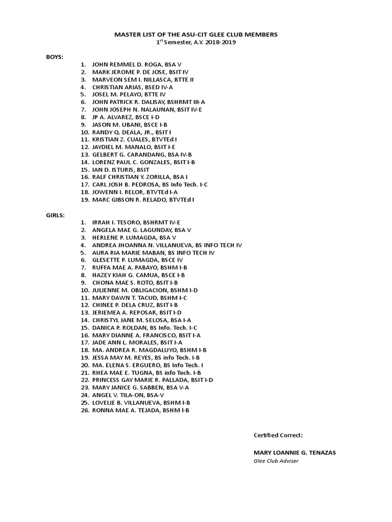 ASU-CIT Glee Club Members 2018-19 | PDF