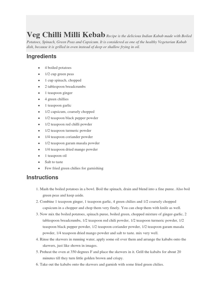 Veg Chilli Milli Kebab: Ingredients | PDF | Indian Cuisine | Curry