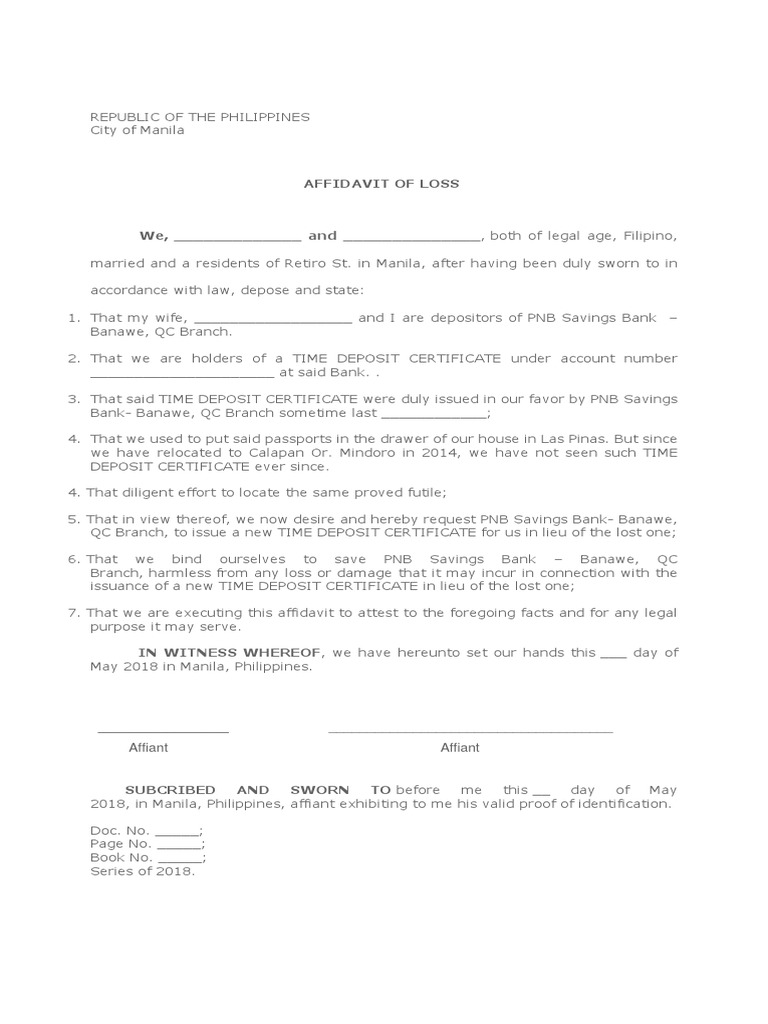 Affidavit of Loss Time Deposit Cert Sample