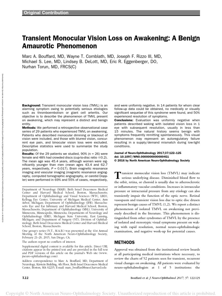 Transient Monocular Vision Loss On Awakening: A Benign Amaurotic ...