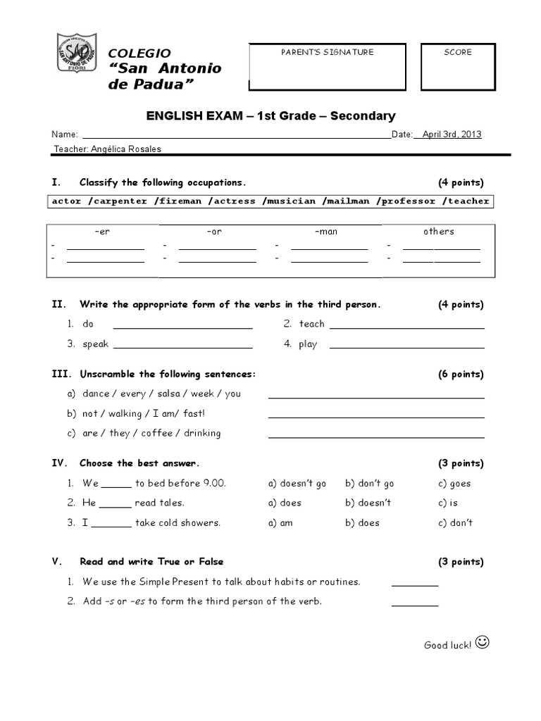 "San Antonio de Padua": ENGLISH EXAM - 1st Grade - Secondary | PDF