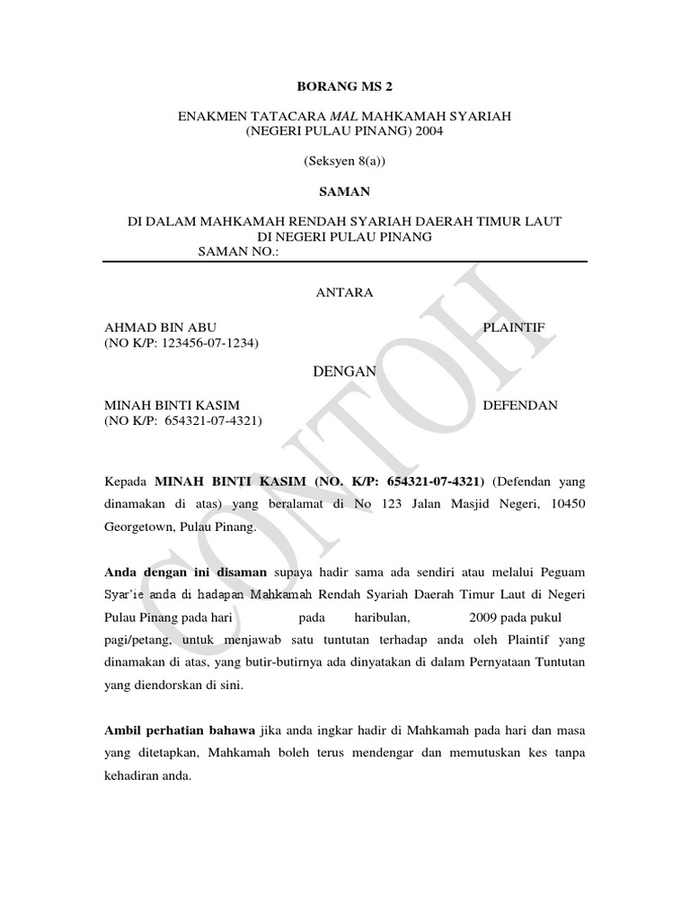 Contoh Saman Dan PT Kes Perceraian Seksyen 47 | PDF