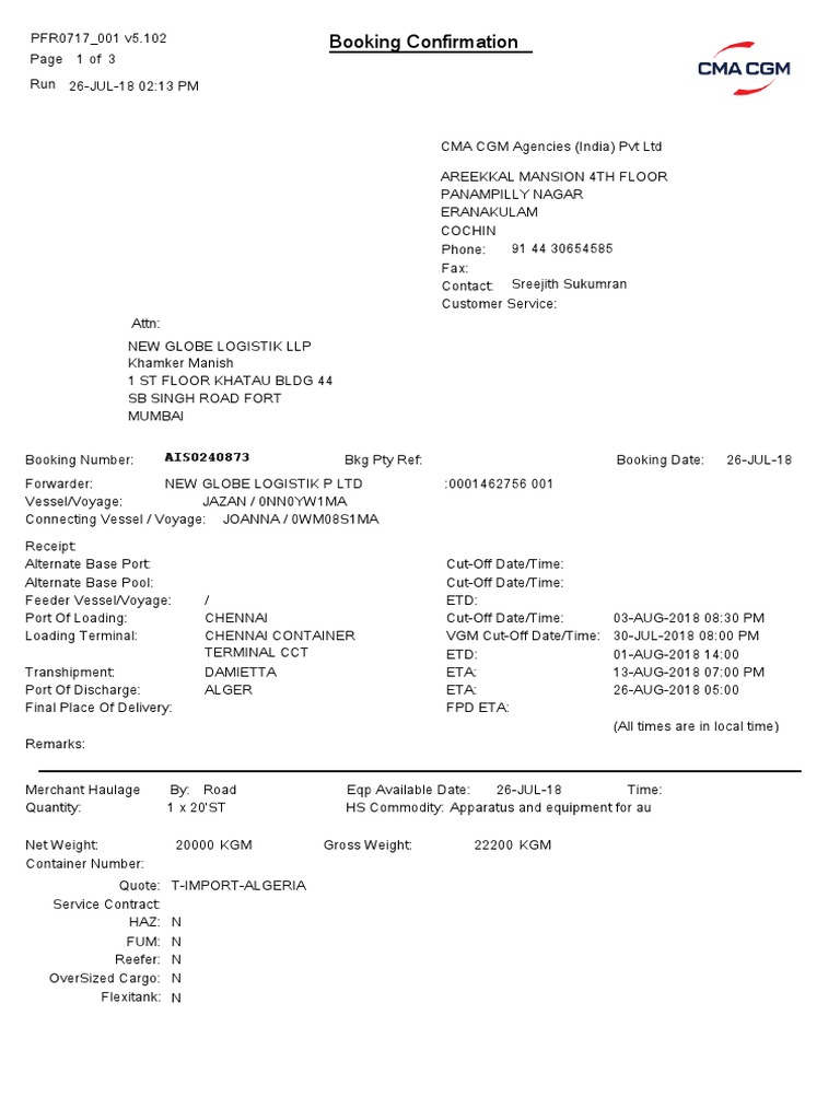 Booking Confirmation | PDF | Cargo | Freight Transport