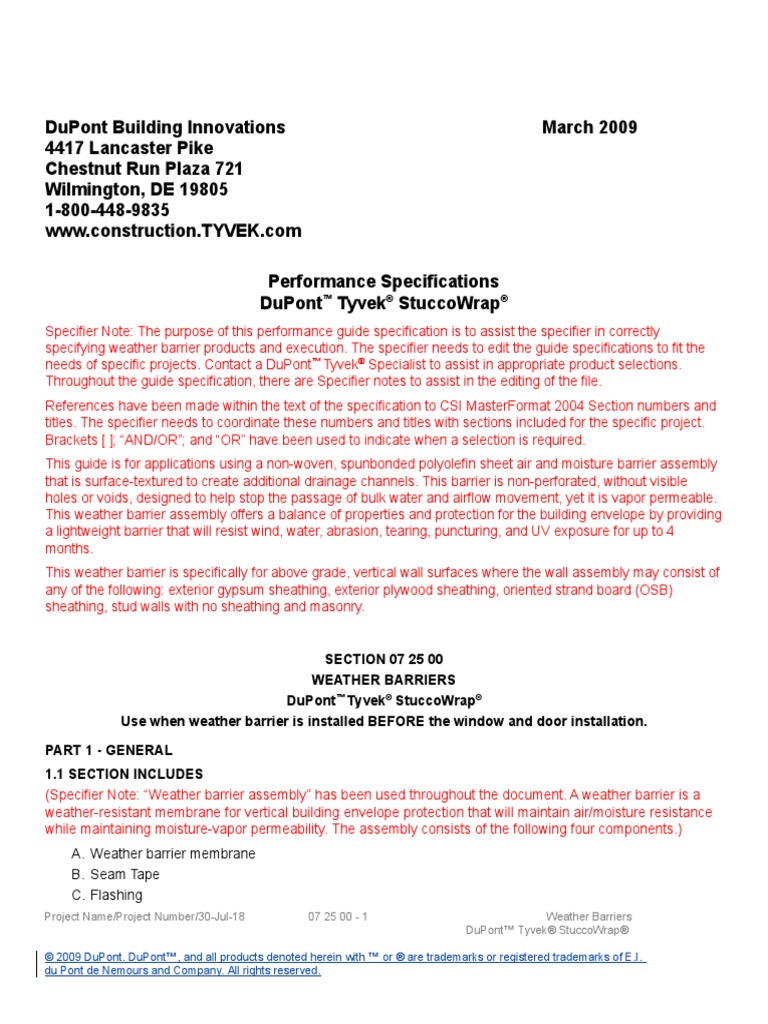 SPEC-89 - DuPont Tyvek StuccoWrap Product Specifications BEFORE Windows ...