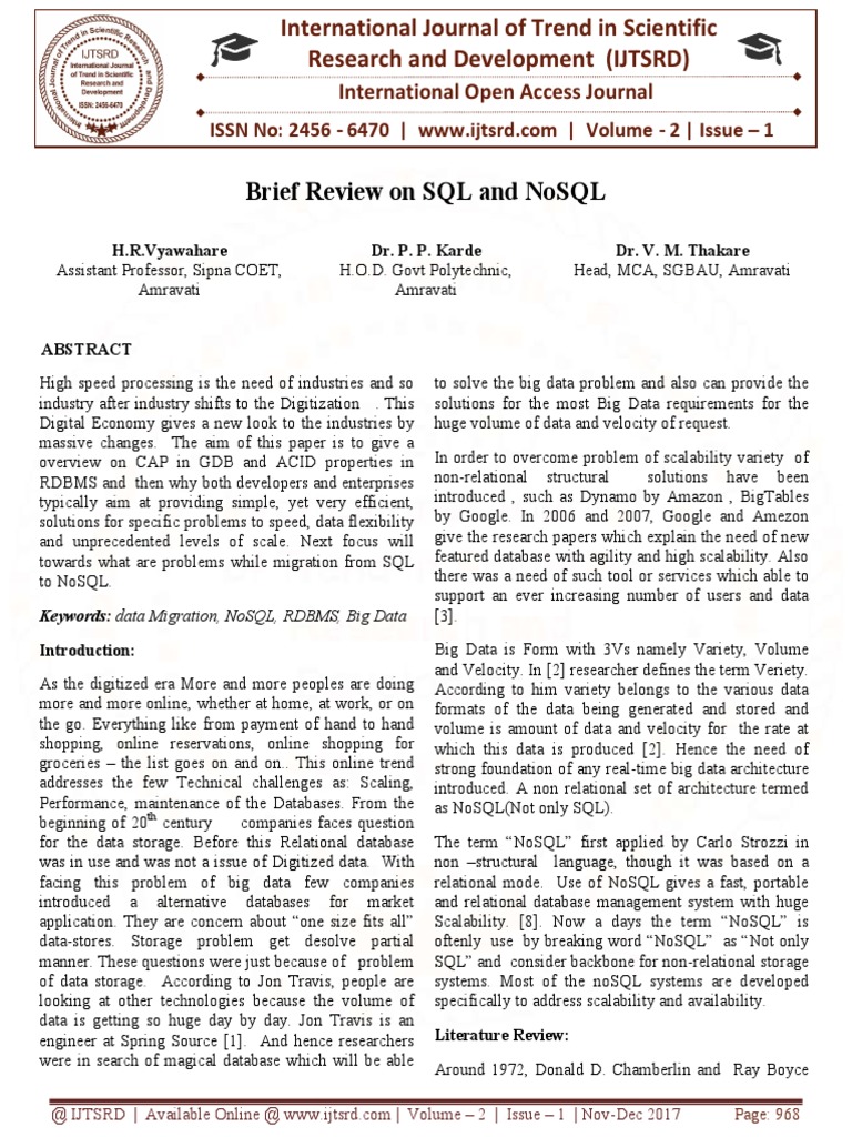 Brief Review On SQL and NoSQL | PDF | No Sql | Relational Database