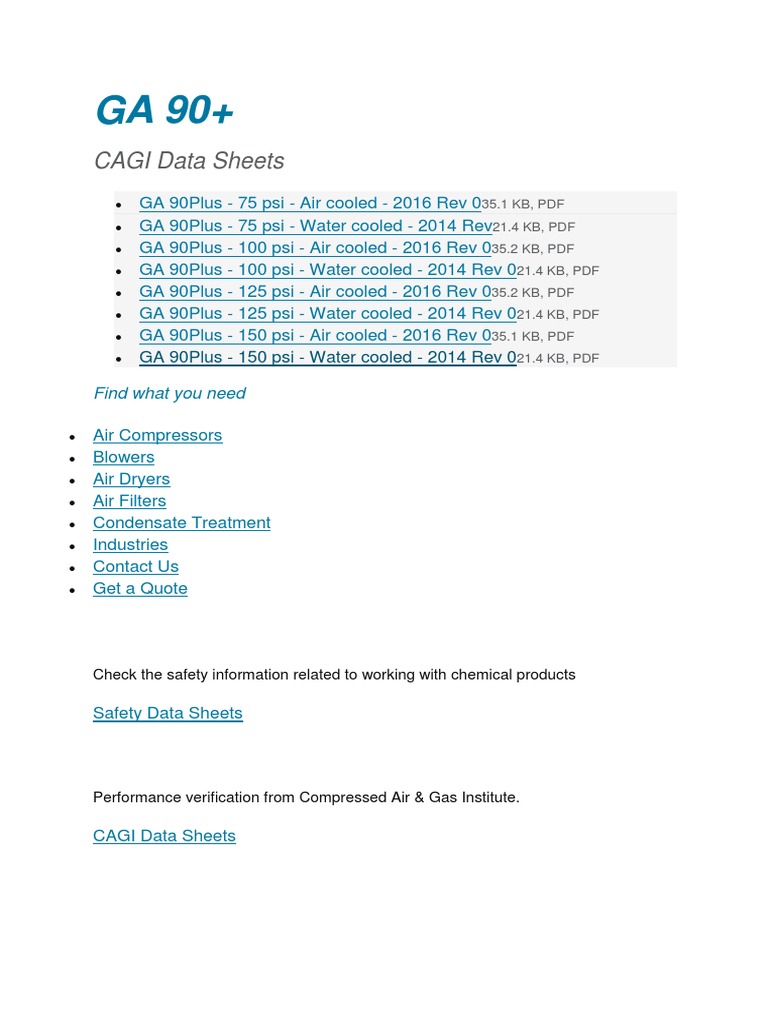 CAGI Data Sheets: GA 90plus - 150 Psi - Water Cooled - 2014 Rev 0 | PDF