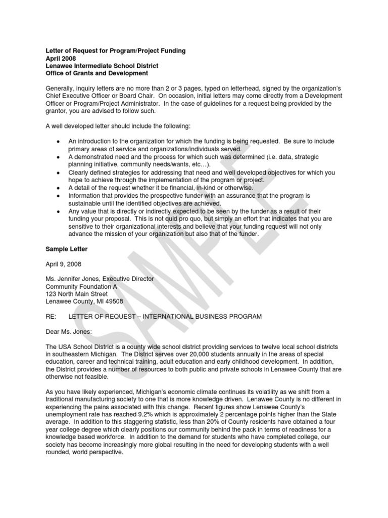 Letter of Request for Program/Project Funding April 2008 Lenawee ...