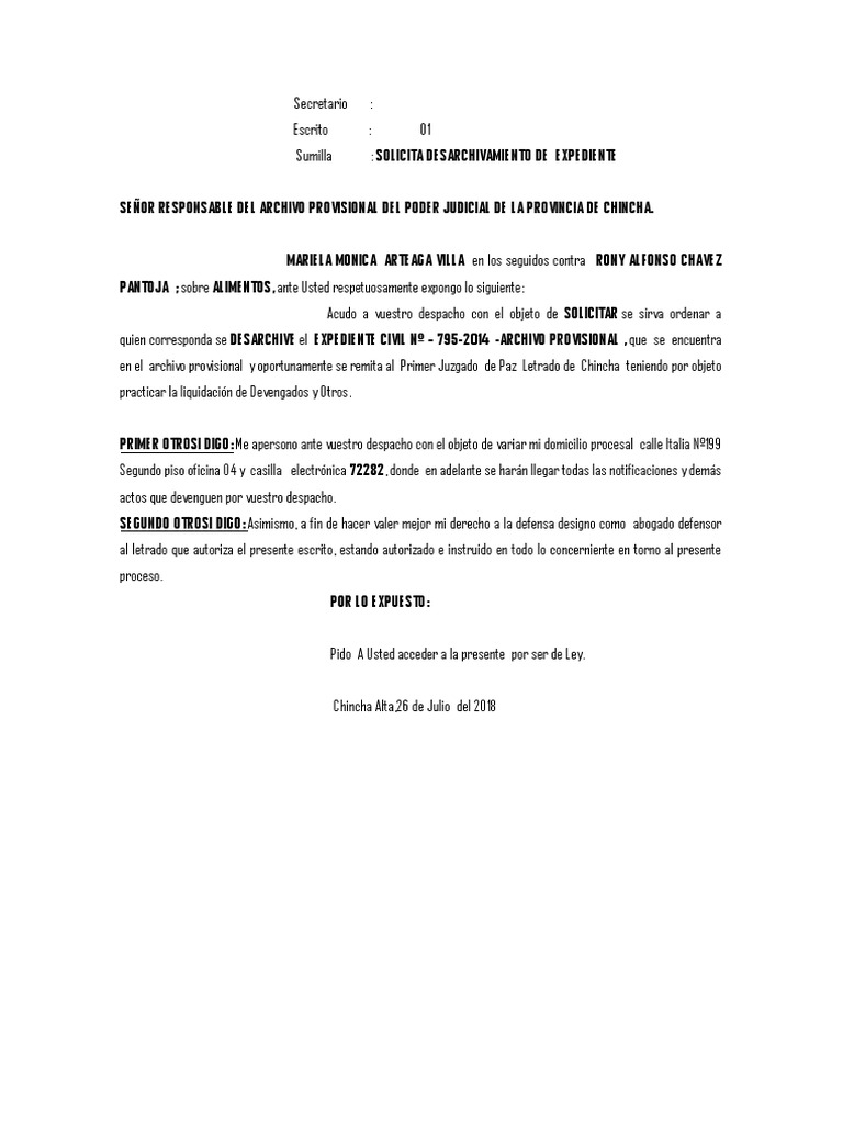 Escrito De Desarchivamiento De Expediente 1 Pdf