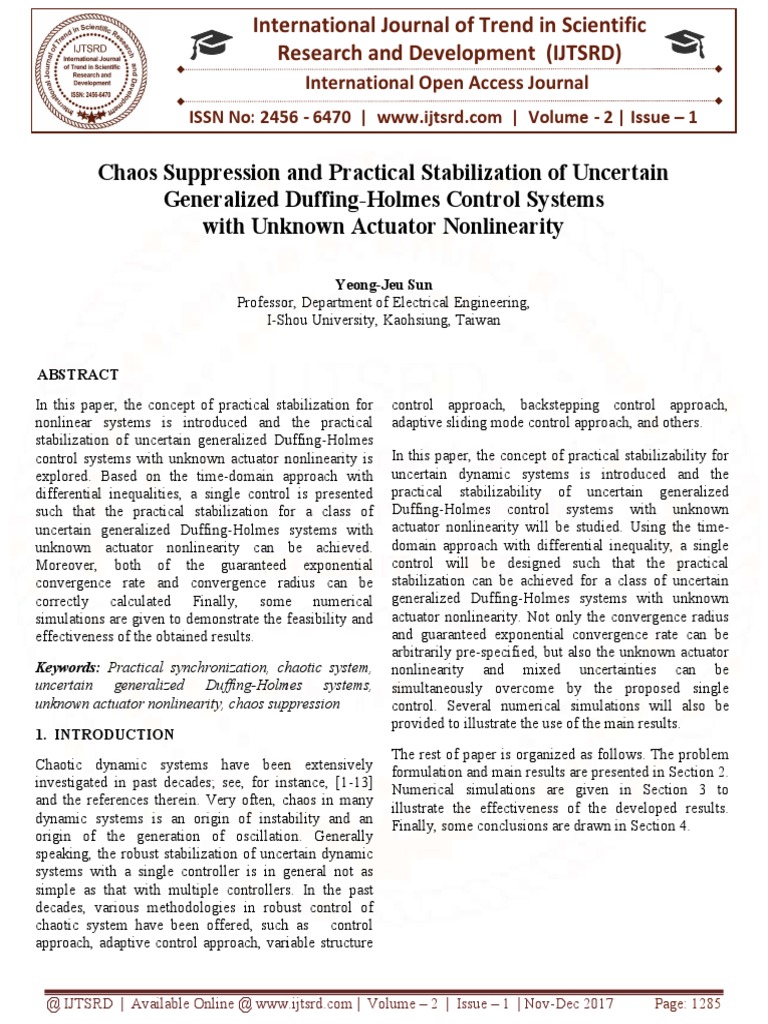 Chaos Suppression and Practical Stabilization of Uncertain Generalized Duffing-Holmes Control ...