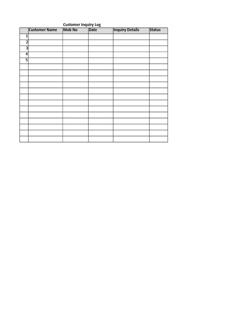 Customer Inquiry Log Customer Name Mob No Date Inquiry Details Status | PDF