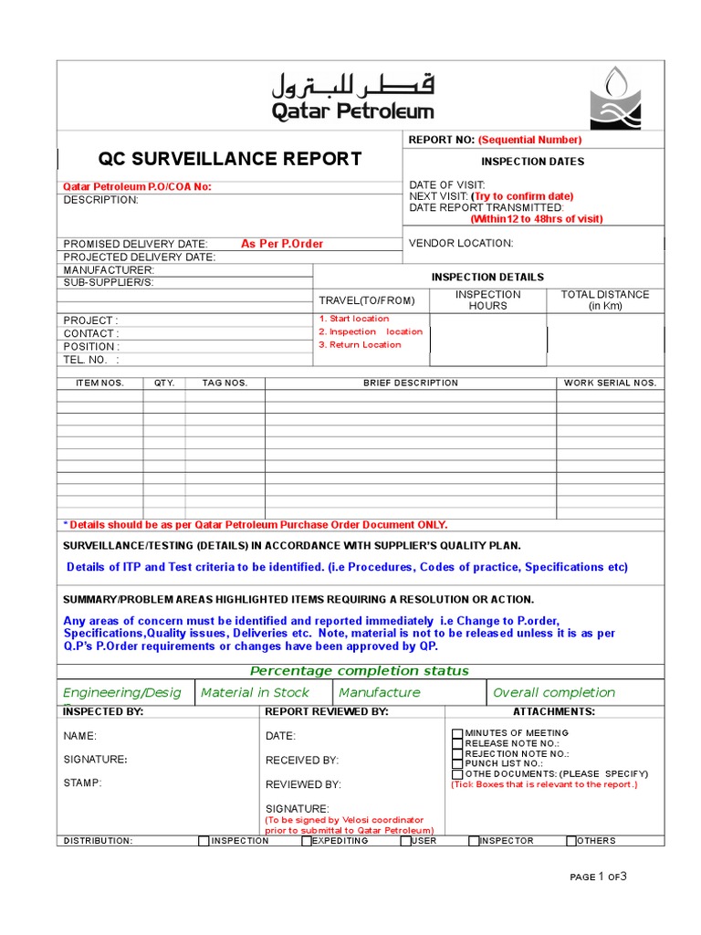 QC Surveillance Report Template | PDF | Specification (Technical ...