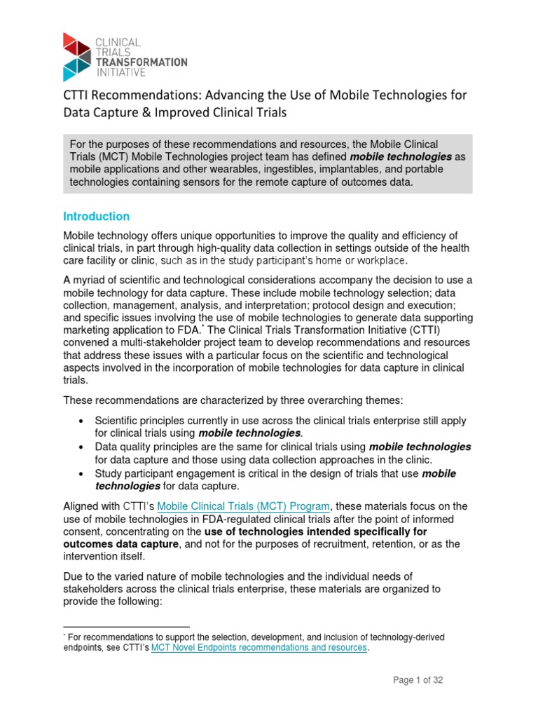 CTTI Recommendations: Advancing The Use of Mobile Technologies For Data ...