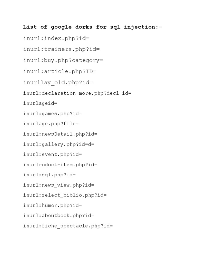 List of Google Dorks For SQL Injection | PDF