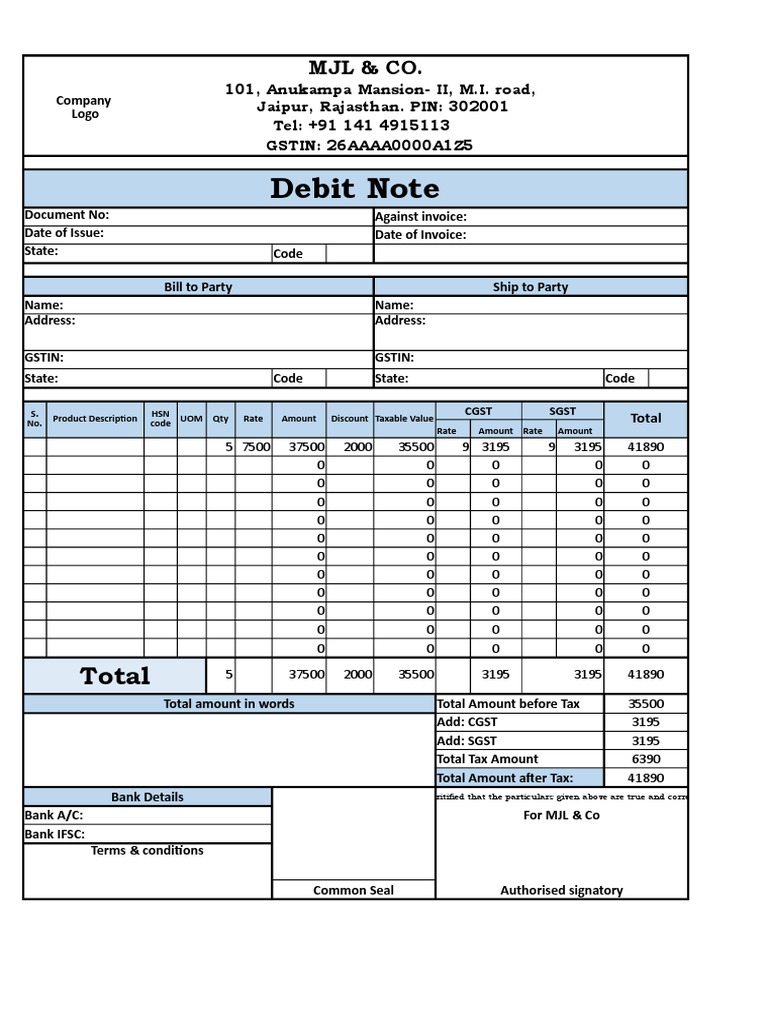 Debit Note.xlsx | Invoice | Taxation