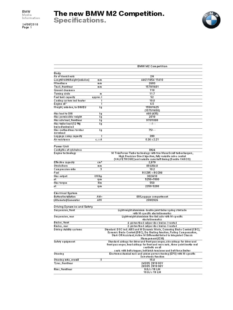 BMW M2 Competition Scheda Tecnica | PDF | Fuel Economy In Automobiles ...