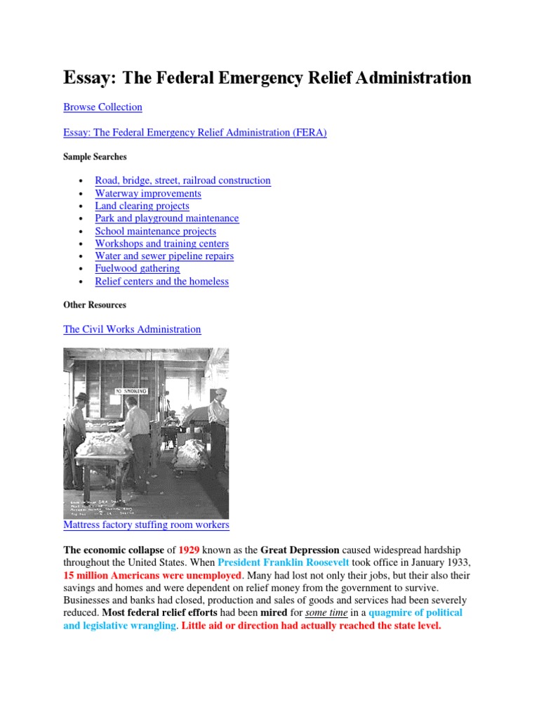 Essay - The Federal Emergency Relief Administration (FERA) 1933 | PDF ...