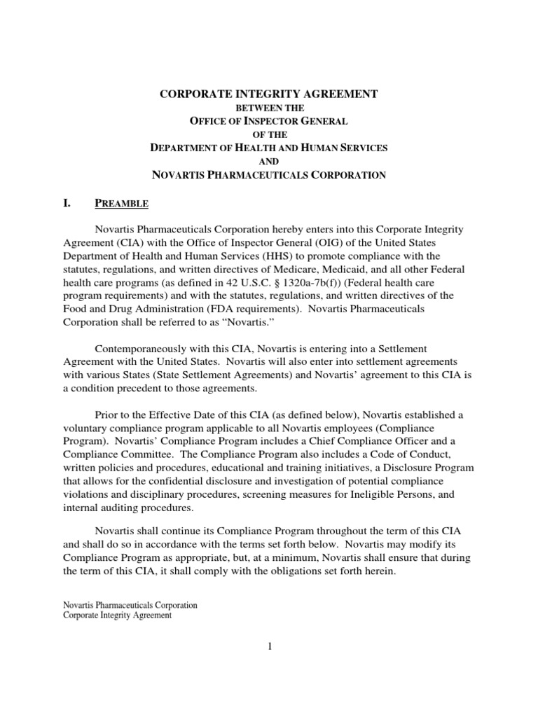 HHS OIG Corporate Integrity Agreement With Novartis Pharmaceuticals ...