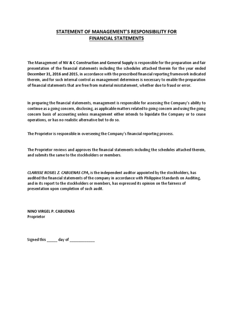 Statement of Management'S Responsibility For Financial Statements | PDF