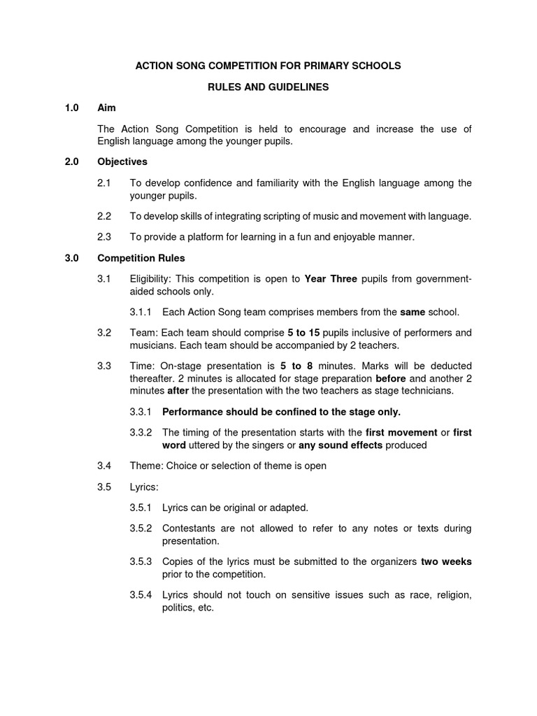 Action Song Competition For Primary Schools | PDF | Hand | Competition