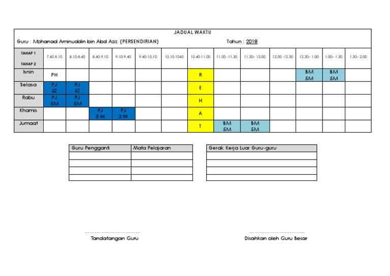 Jadual Waktu Guru: Mohanad Aminuddin Bin Abd Aziz (Persendirian) Tahun ...