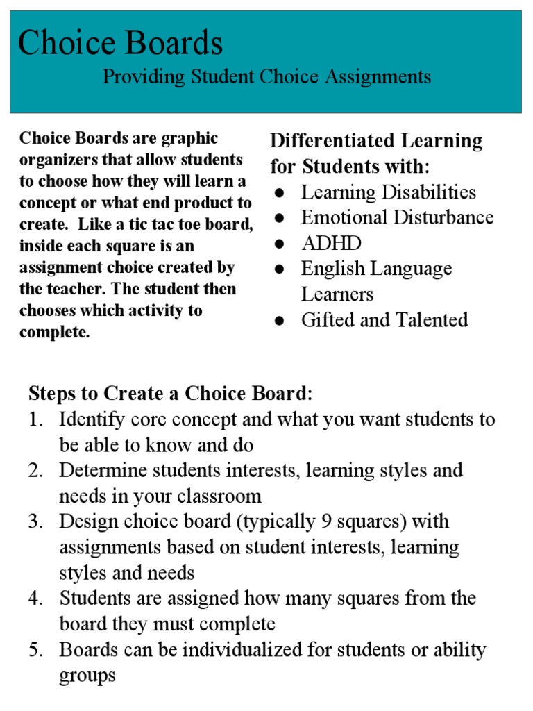 Choice Boards: Differentiated Learning For Students With | PDF