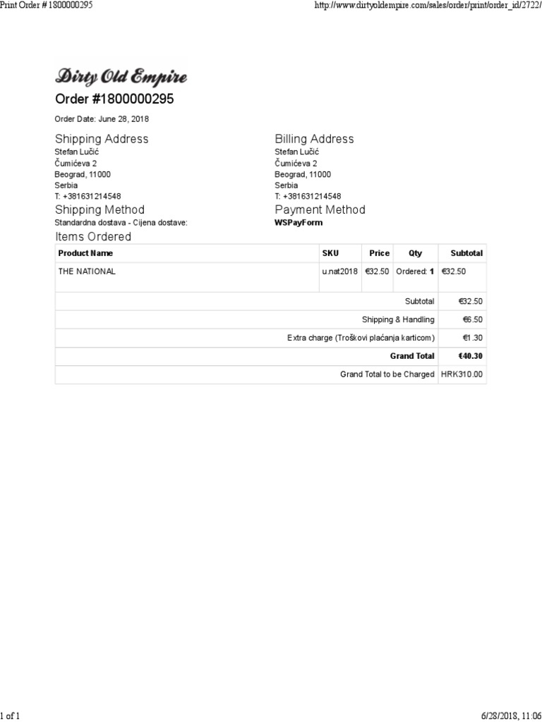 Order #1800000295: Shipping Address Billing Address | PDF