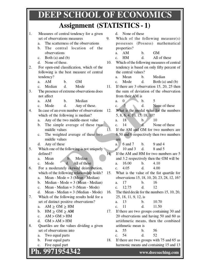 Deep School of Economics: Assignment (STATISTICS - 1) | PDF | Arithmetic Mean | Median