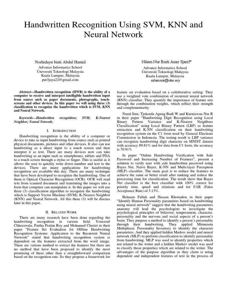 Handwritten Recognition Using Svm Knn And Neural Network Pdf Pdf