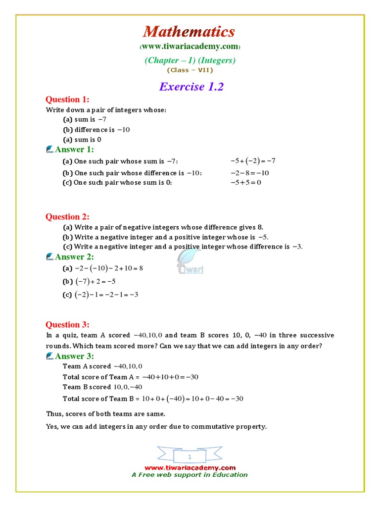 7 Maths NCERT Solutions Chapter 1 2 PDF | PDF | Integer | Abstract Algebra