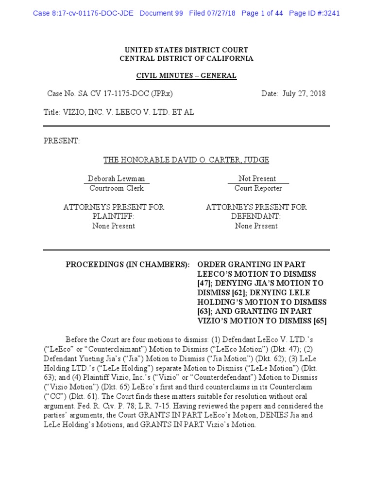 Vizio Order | PDF | Federal Rules Of Civil Procedure | Personal ...