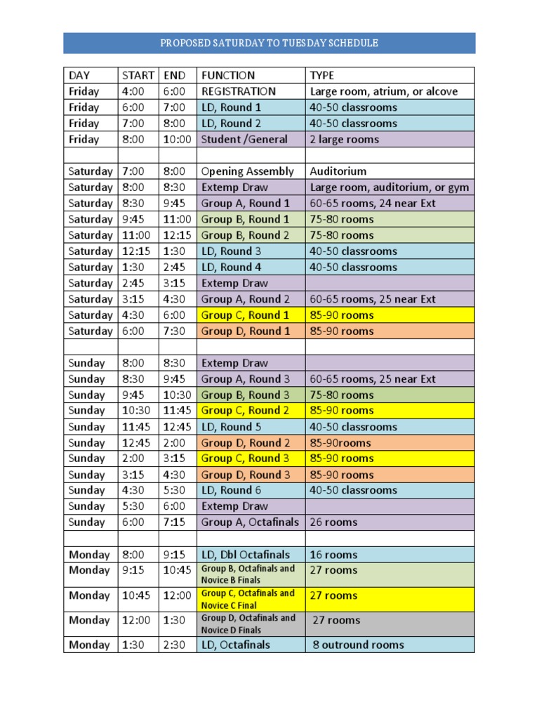 Proposed Saturday To Tuesday Schedule | PDF | Leisure | Sports
