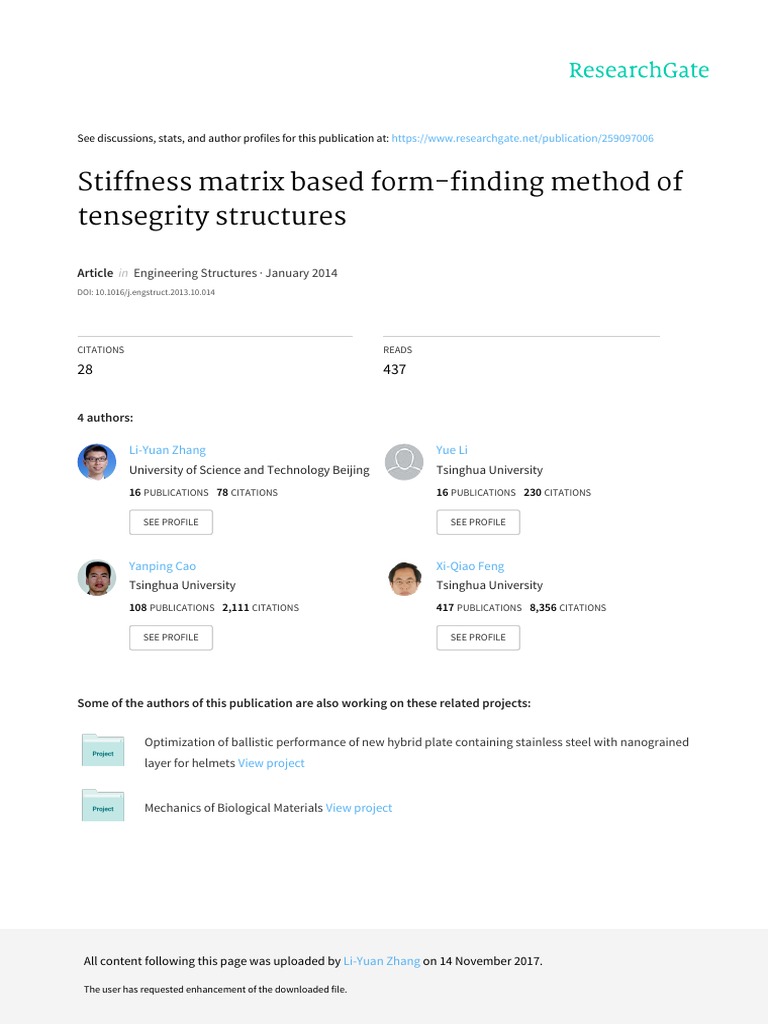 Stiffness Matrix Based Form Finding Method Of Tensegrity Structures Zhang And Liyuan 2014 Pdf