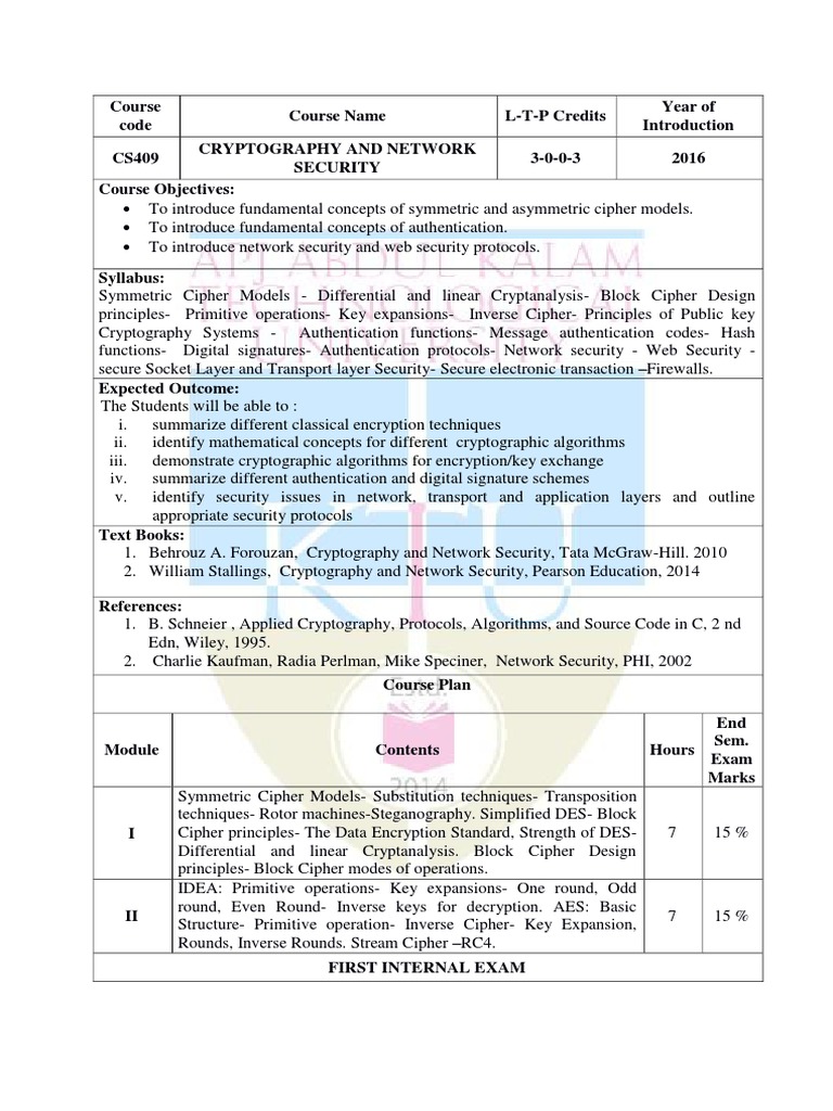 CS409 Cryptography and Network Security | PDF | Cipher | Cryptography