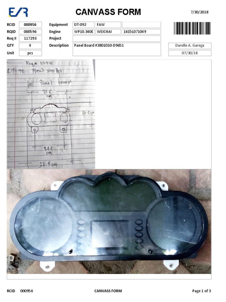 Canvass Form: 7/30/2018 Equipment DT-092 Project FAW WP10.340E Engine ...