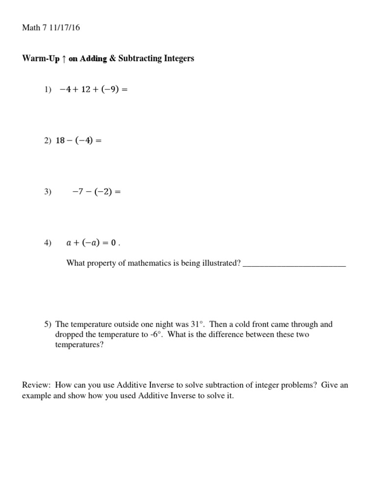 Math 7 Subtracting Integers Lesson 2016 Day 2 | PDF | Subtraction ...