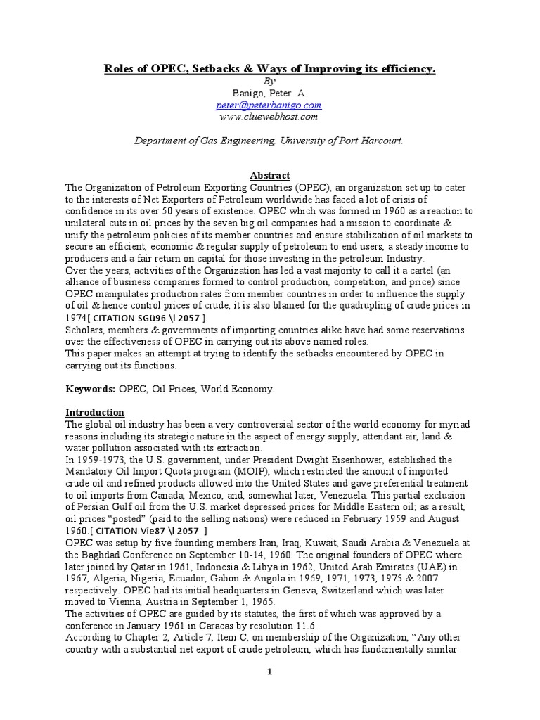 Roles of OPEC, Setbacks & Ways of Improving Its Efficiency. | PDF ...