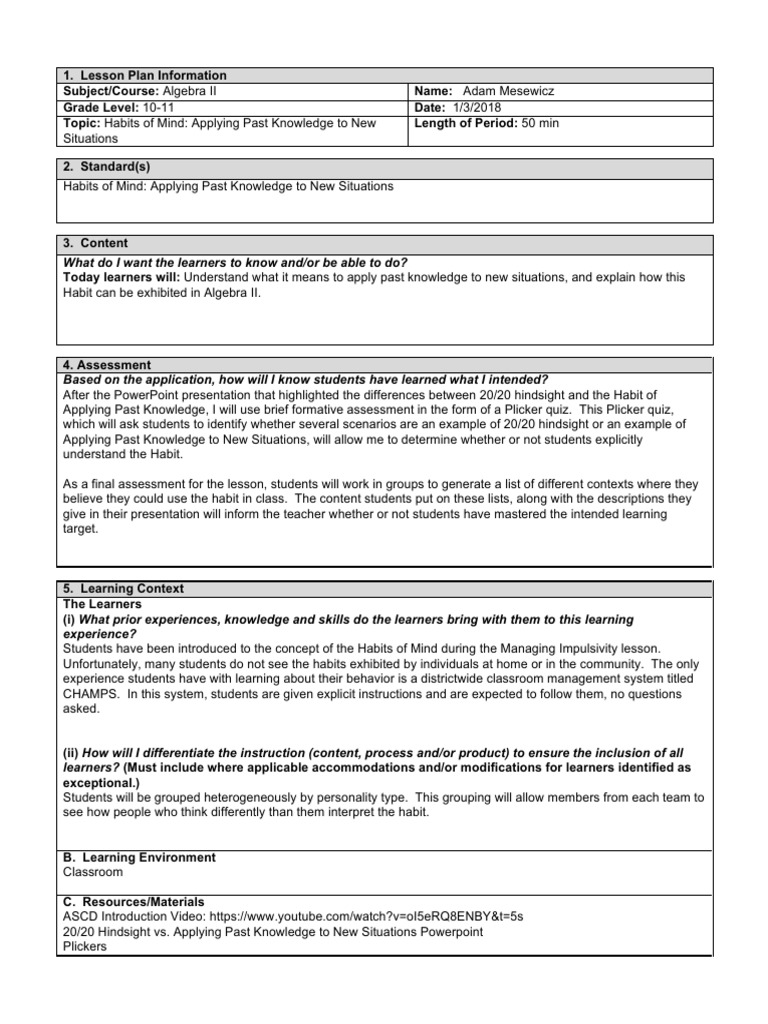 Applyingpastknowledgelessonplan | PDF | Habits | Learning