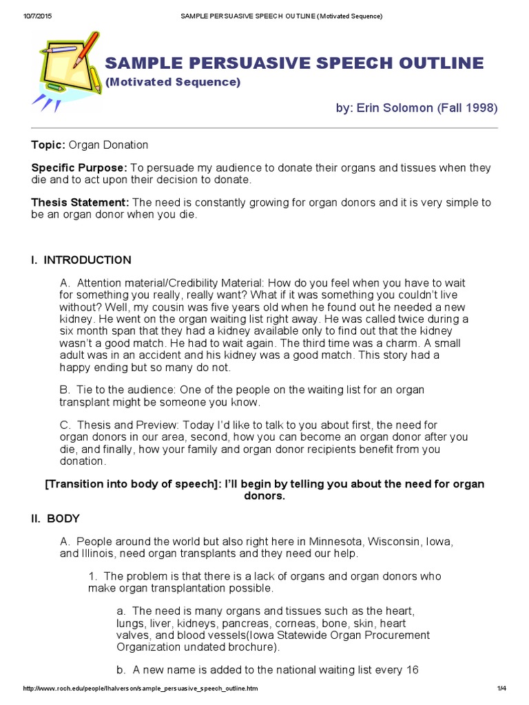 SAMPLE PERSUASIVE SPEECH OUTLINE (Motivated Sequence) PDF | PDF | Organ ...