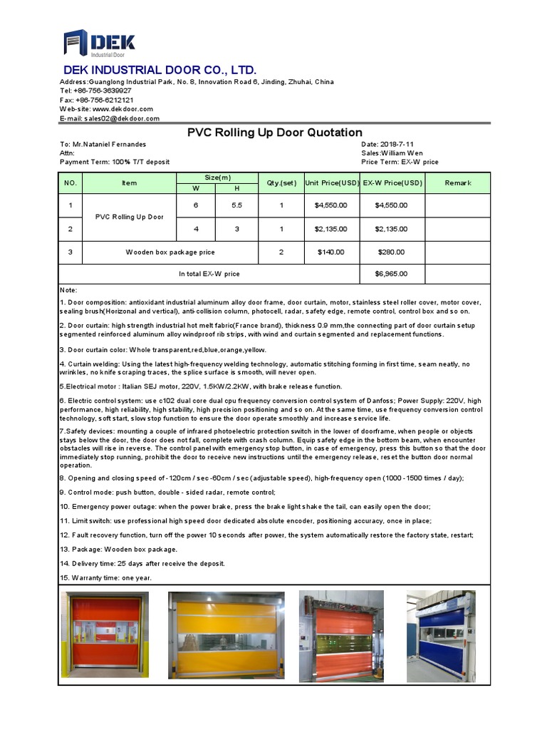 DEK PVC Rolling Up Door Quotation7.11 | PDF | Door | Manufactured Goods