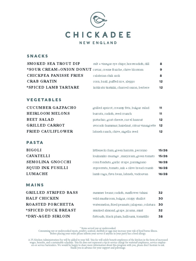 Chickadee Opening Dinner Menu | Salad | Asian Cuisine