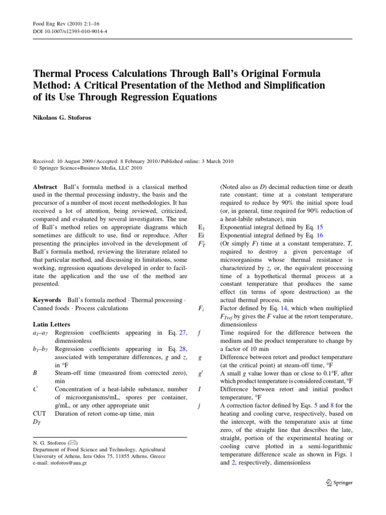 2010 - Thermal Process Calculations Through Ball's Original Formula | PDF | Thermal Conduction ...