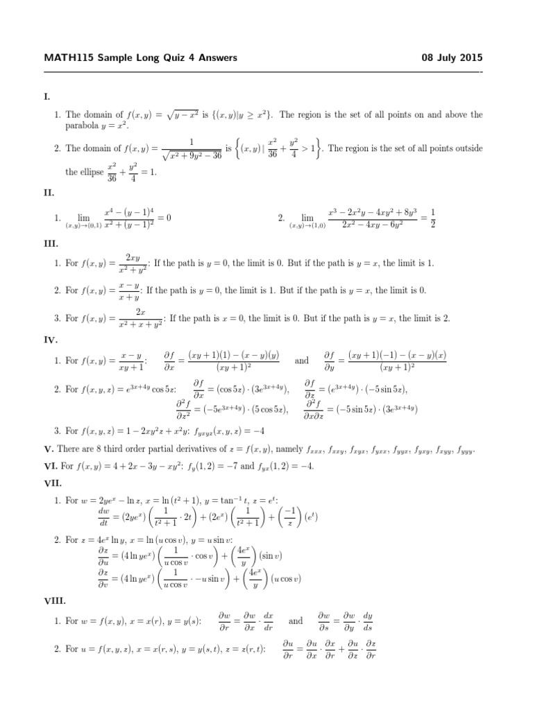 MATH115 Sample Long Quiz 4 Answers 08 July 2015 | PDF | Mathematical Analysis | Teaching Mathematics