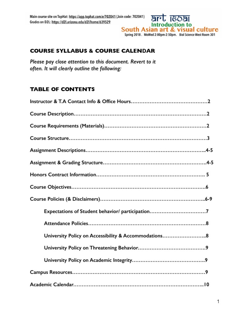 01 ART160A1 Sp18 Syllabus-Calendar | PDF | Syllabus | Homework