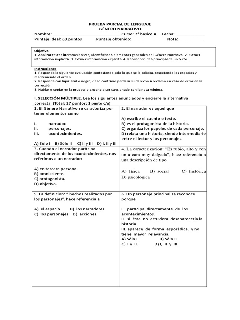 Prueba 7mo Género Narrativo 2017 | PDF | Narración | Narrativa