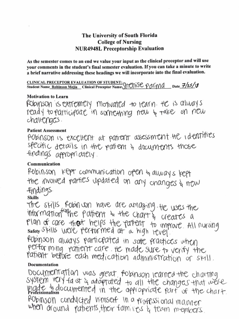 Robinson Mejia Preceptor Evaluation of Student | PDF
