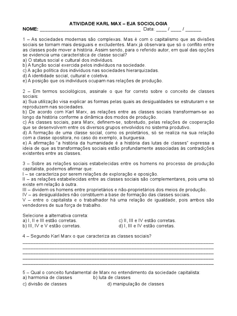 Atividade Karl Marx Eja | PDF | Sociologia | Karl Marx