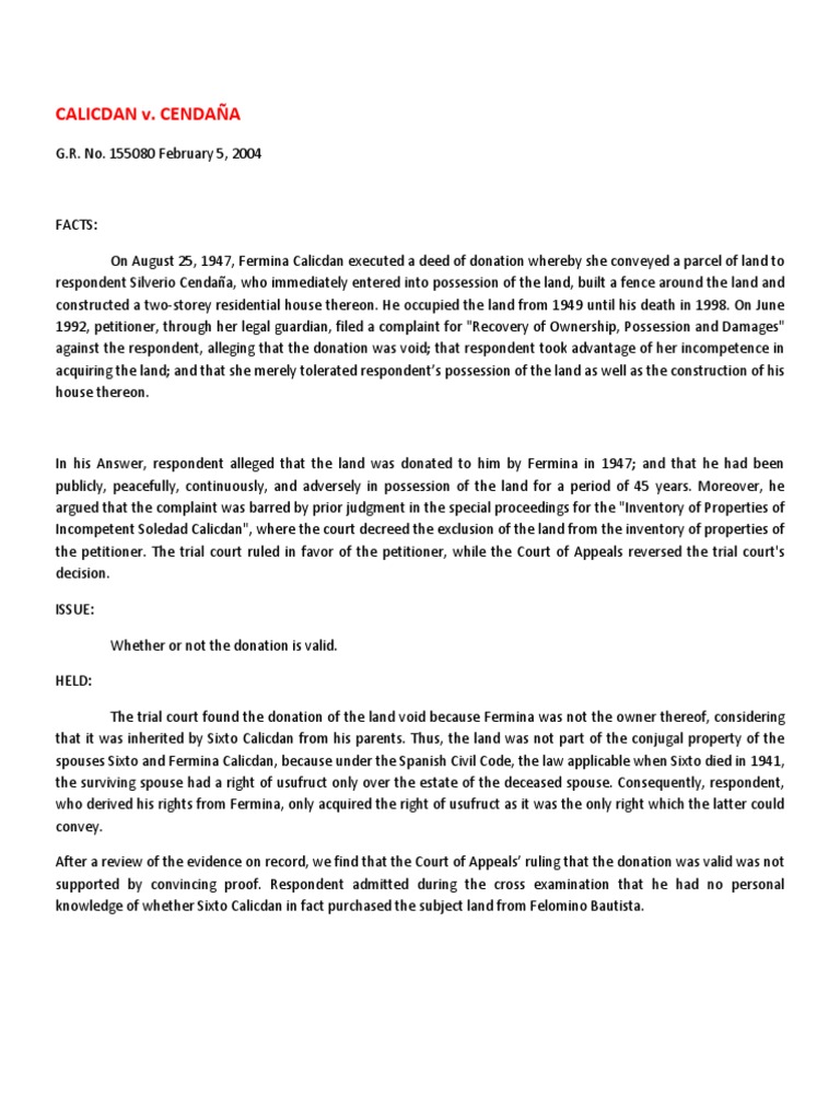 CALICDAN Vs Cendana Case Digest | PDF | Judgment (Law) | Ownership