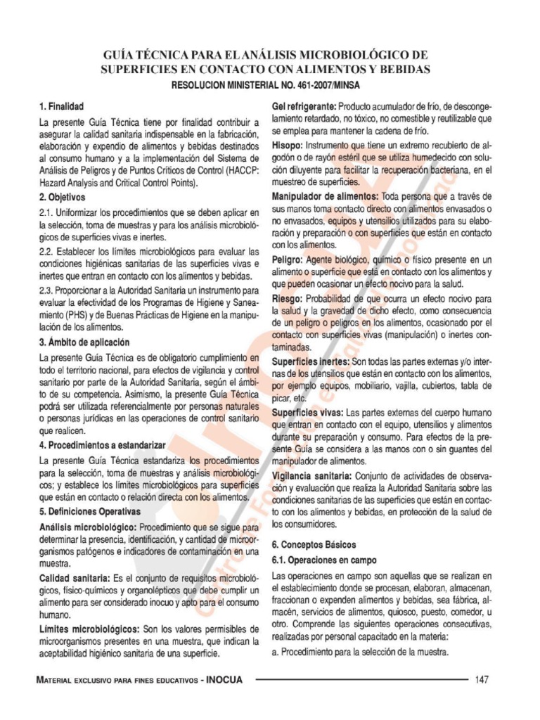 R.M. Nro. 461 2007 Minsa Analisis Microbiologico de Superficies | PDF | Unidad de formación de ...