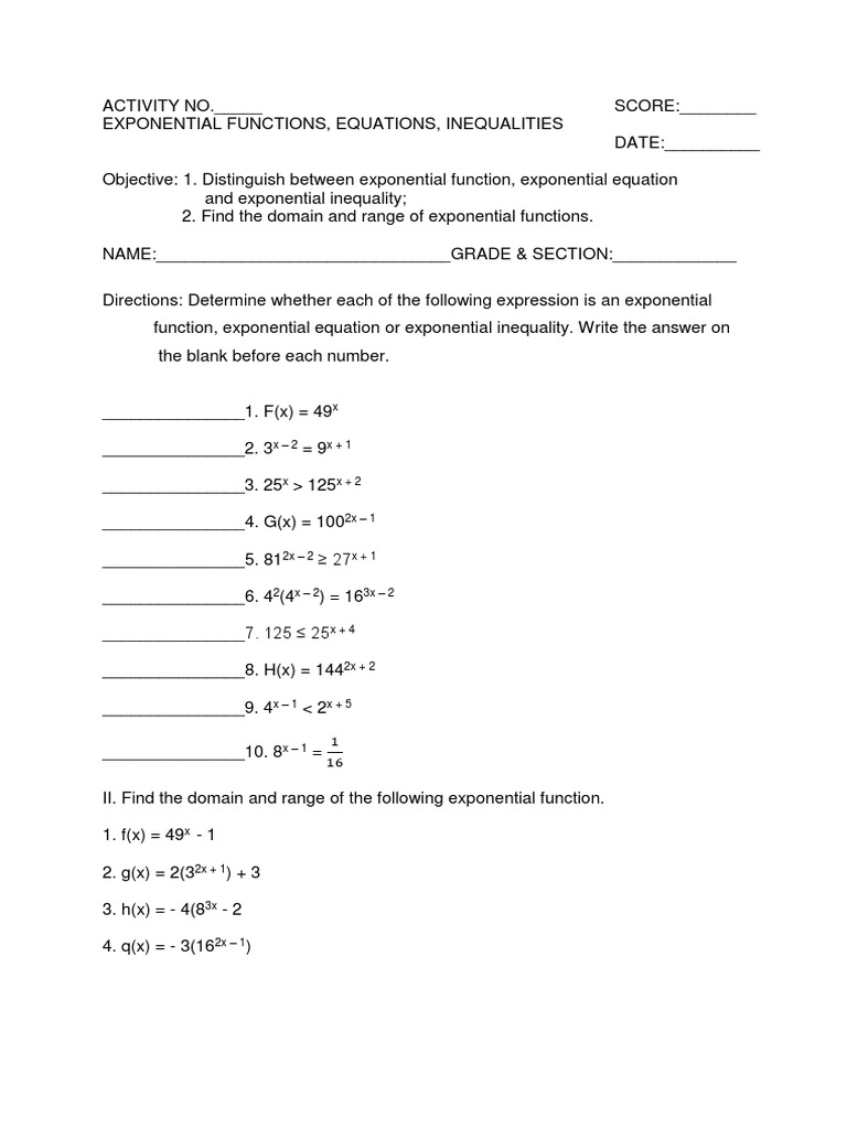 Exponential Functions Activity Sheets | PDF | Exponential Function ...
